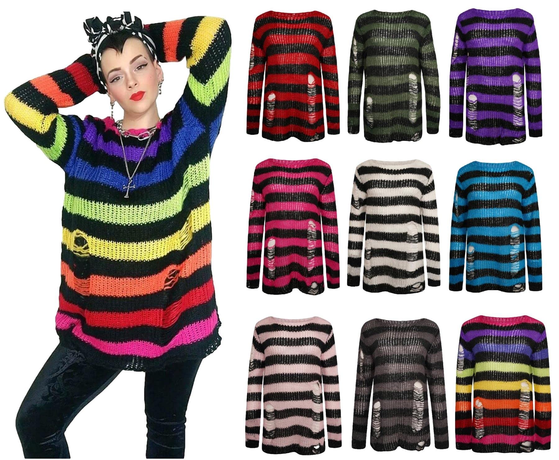 Ro Rox Gothic Knitted Jumper with Distressed Look - Oversized Pullover with Ripped Design, Long Sleeves, Loose Fit, 90s Grunge Style Stripe Pattern, Green, L-XL