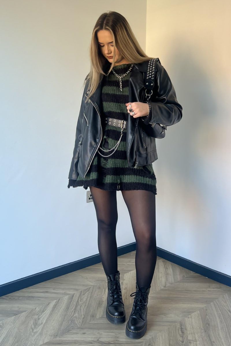 Ro Rox Gothic Knitted Jumper with Distressed Look - Oversized Pullover with Ripped Design, Long Sleeves, Loose Fit, 90s Grunge Style Stripe Pattern, Green, L-XL