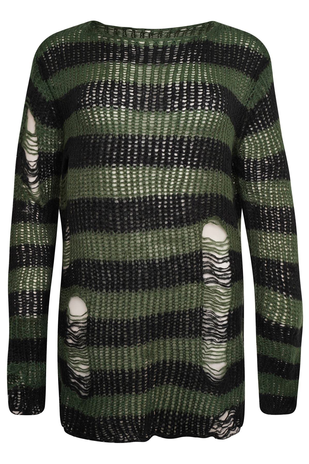 Ro Rox Gothic Knitted Jumper with Distressed Look - Oversized Pullover with Ripped Design, Long Sleeves, Loose Fit, 90s Grunge Style Stripe Pattern, Green, L-XL