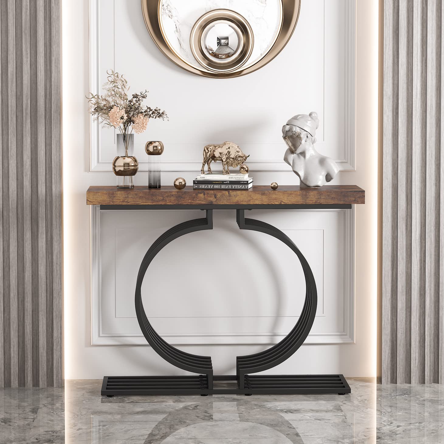 Tribesigns Modern Console Table with Metal Base, 40 inch Geometric Entryway Sofa Narrow Long, Industrial Accent for Living Room, Entryway, Hallyway, Entrance, Rustic Brown,(HOGA-JW0352)
