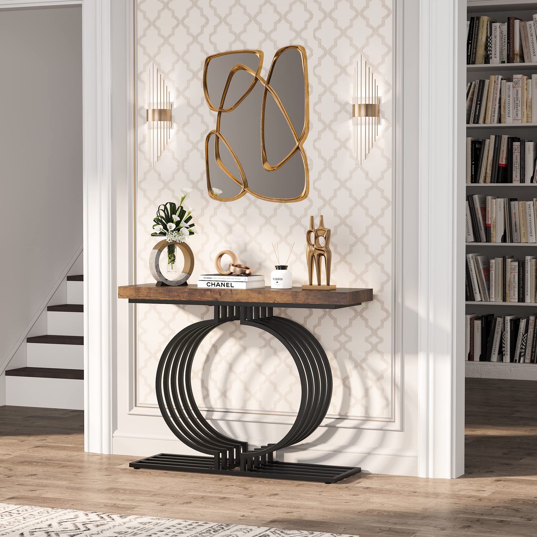 Tribesigns Modern Console Table with Metal Base, 40 inch Geometric Entryway Sofa Narrow Long, Industrial Accent for Living Room, Entryway, Hallyway, Entrance, Rustic Brown,(HOGA-JW0352)