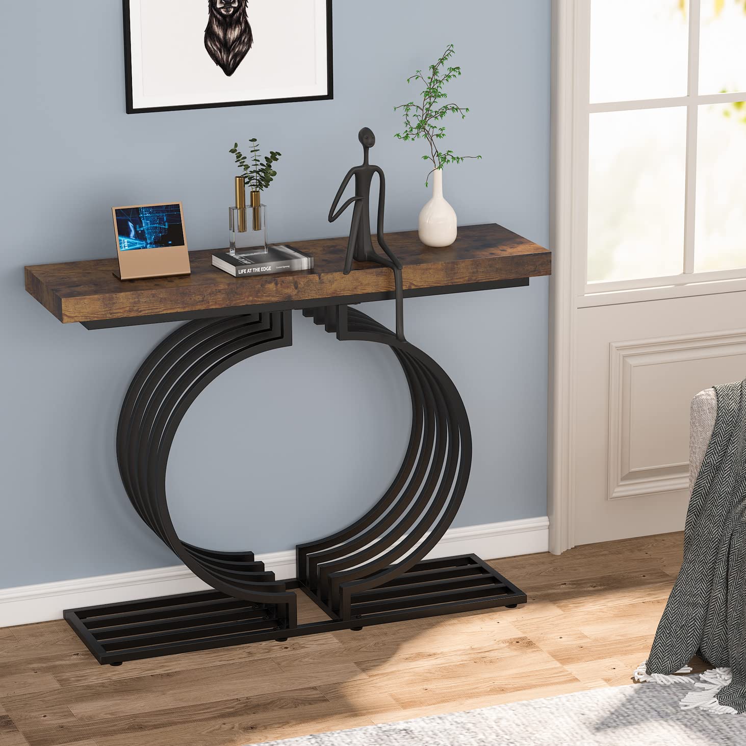 Tribesigns Modern Console Table with Metal Base, 40 inch Geometric Entryway Sofa Narrow Long, Industrial Accent for Living Room, Entryway, Hallyway, Entrance, Rustic Brown,(HOGA-JW0352)