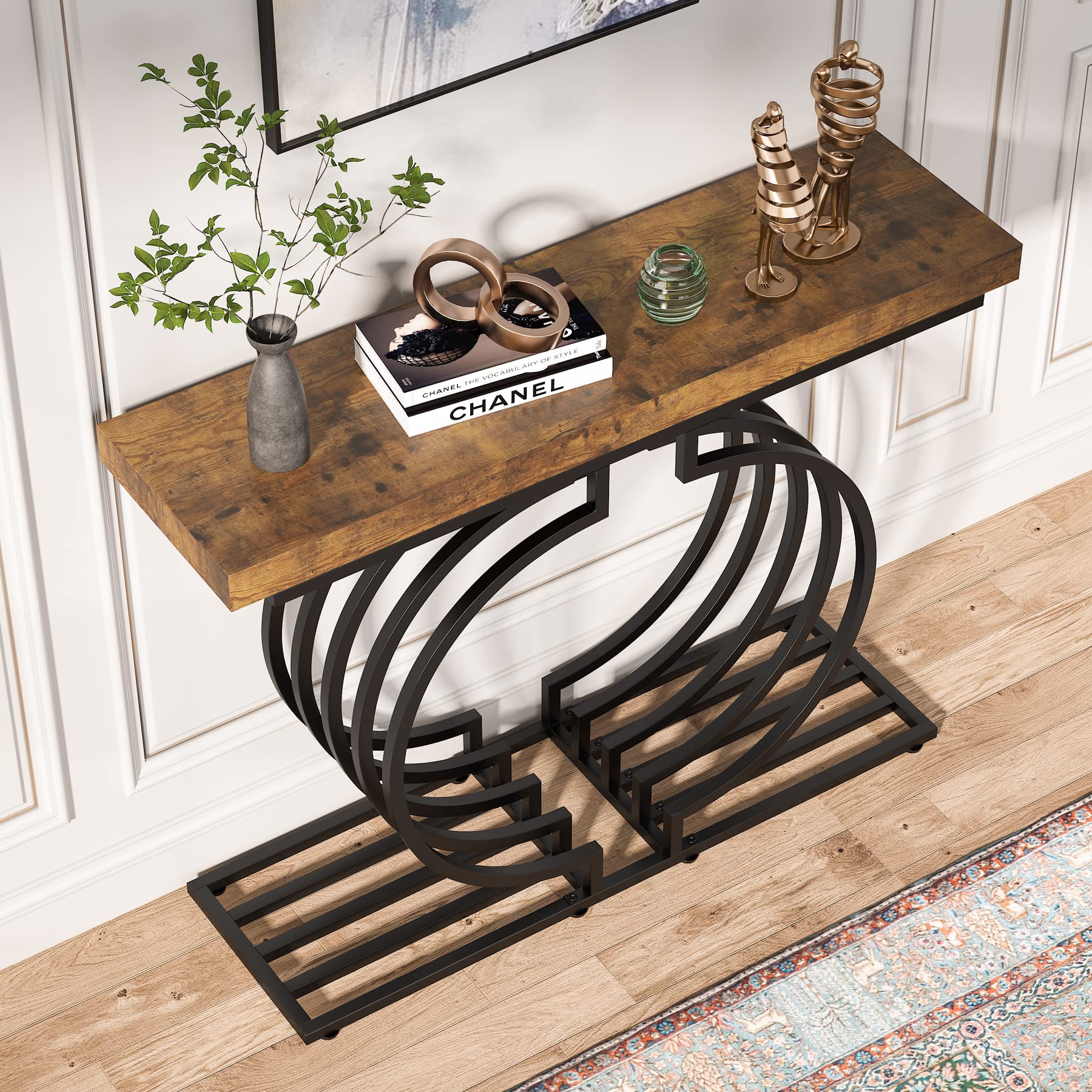 Tribesigns Modern Console Table with Metal Base, 40 inch Geometric Entryway Sofa Narrow Long, Industrial Accent for Living Room, Entryway, Hallyway, Entrance, Rustic Brown,(HOGA-JW0352)