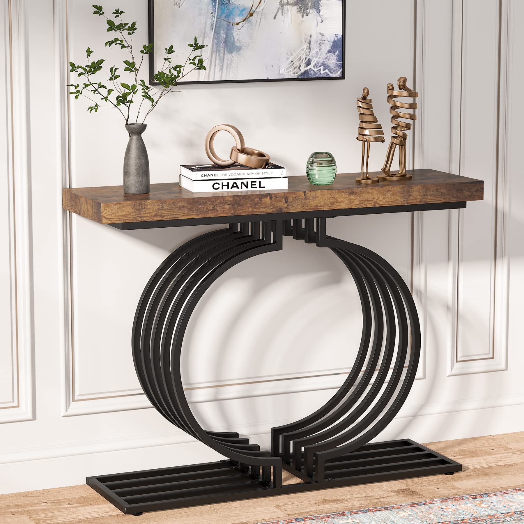 Tribesigns Modern Console Table with Metal Base, 40 inch Geometric Entryway Sofa Narrow Long, Industrial Accent for Living Room, Entryway, Hallyway, Entrance, Rustic Brown,(HOGA-JW0352)