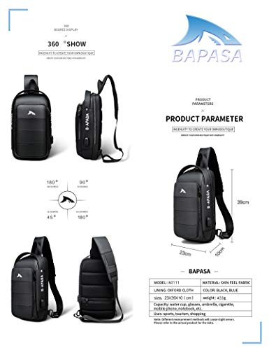 BAPASA Men Sling Crossbody Bag Compact Shoulder Waterproof Sling Bag USB Casual Sport Lightweight Backpack (BLACK)