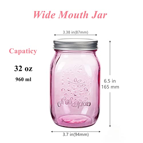 Amzcku 32 oz Pink-Purple Mason Jars with Lids, 6 Pack Wide Mouth Quart Canning Jar, Safe For Storage, Canning, Pickling, Preserving, Fermenting, DIY Crafts & Decor