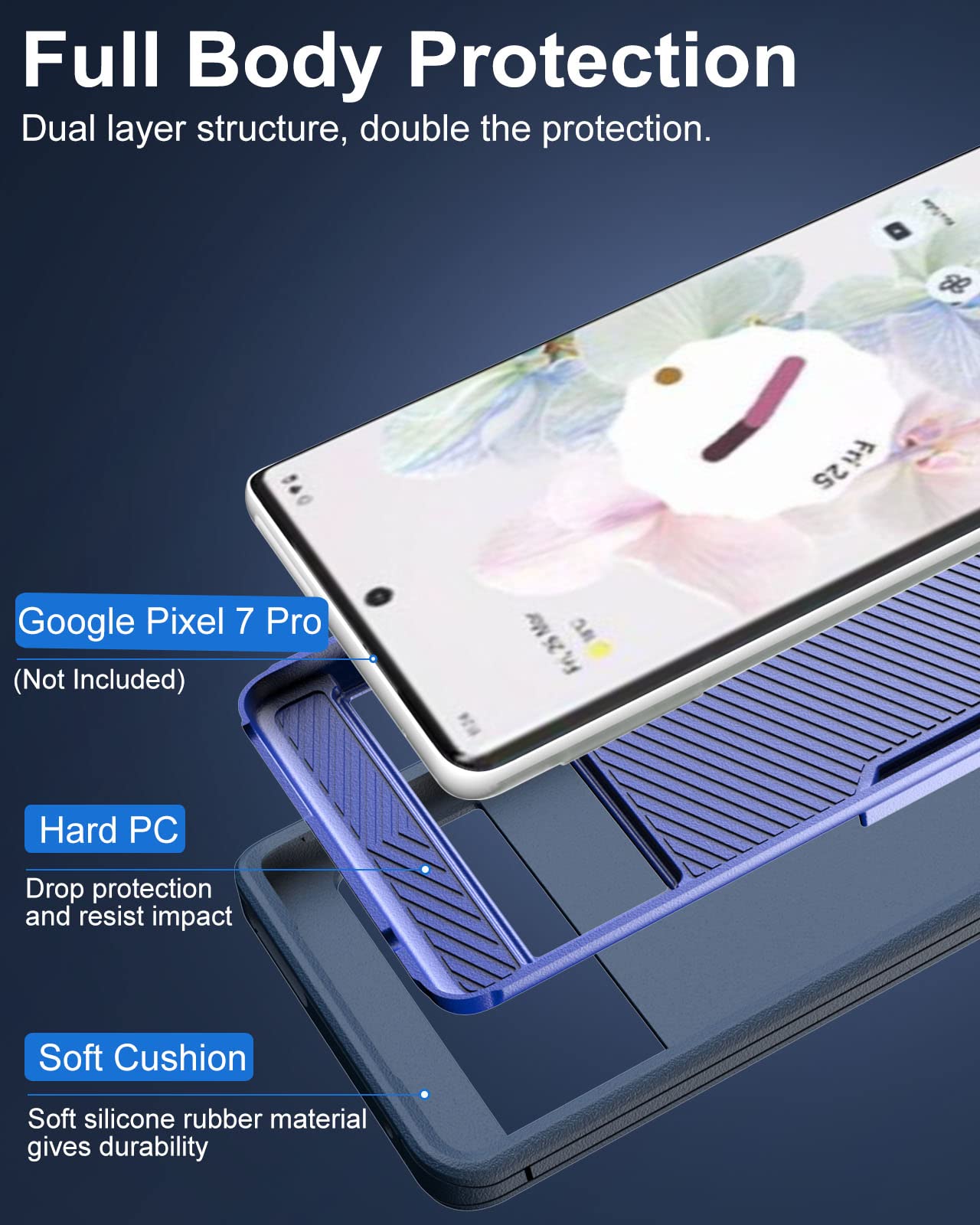 Dahkoiz for Google Pixel 7 Pro Case, with Dust-Proof Port Cover, Full Body Protection Rubber Protective Case for Google Pixel 7 Pro, Blue/Navy