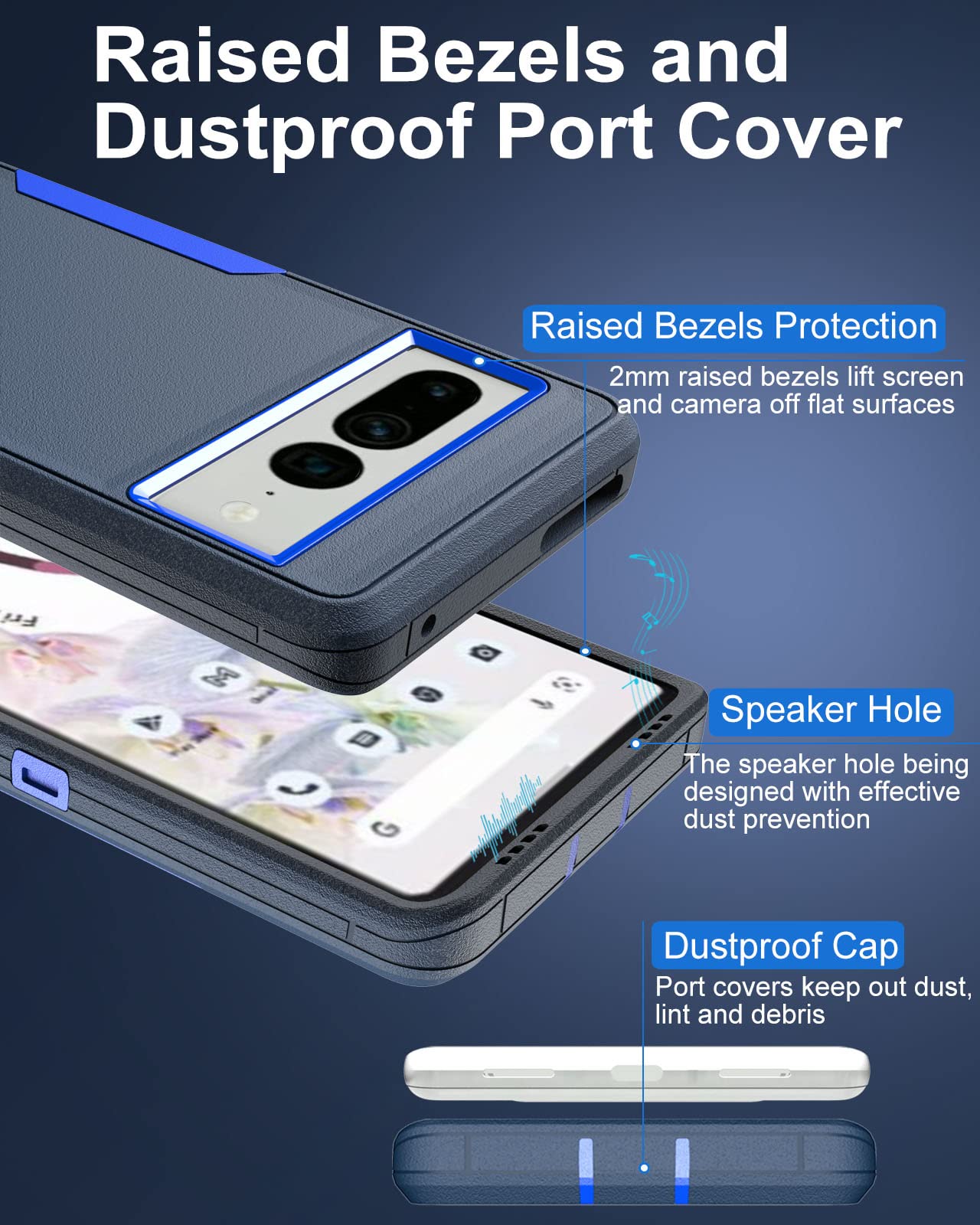 Dahkoiz for Google Pixel 7 Pro Case, with Dust-Proof Port Cover, Full Body Protection Rubber Protective Case for Google Pixel 7 Pro, Blue/Navy