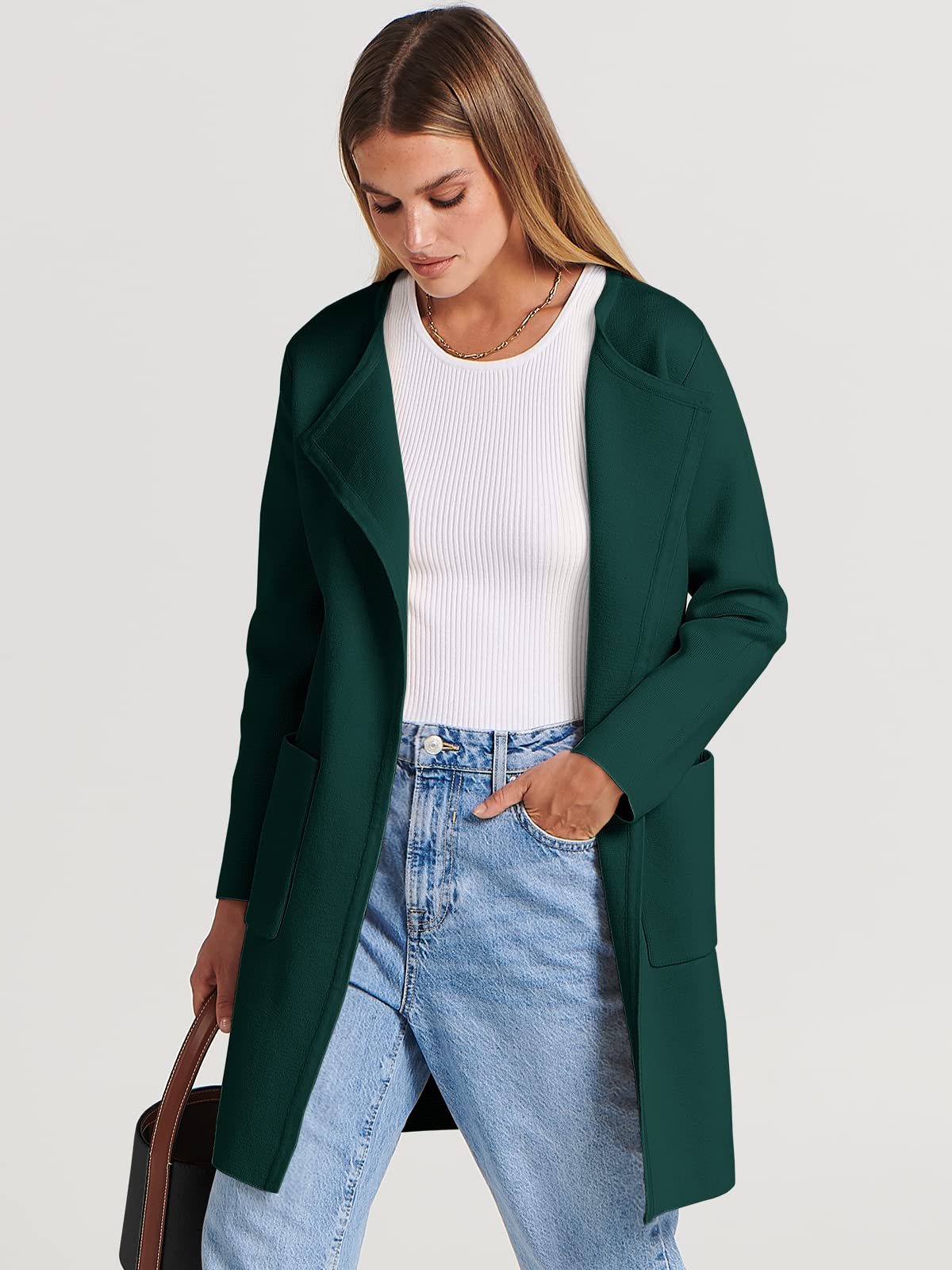 ANRABESS Women's Open Front Knit Lightweight Cardigan Casual Long Coatigan Sweater Lady Jacket Coat 2025 Fall Outerwear Opal Green Large