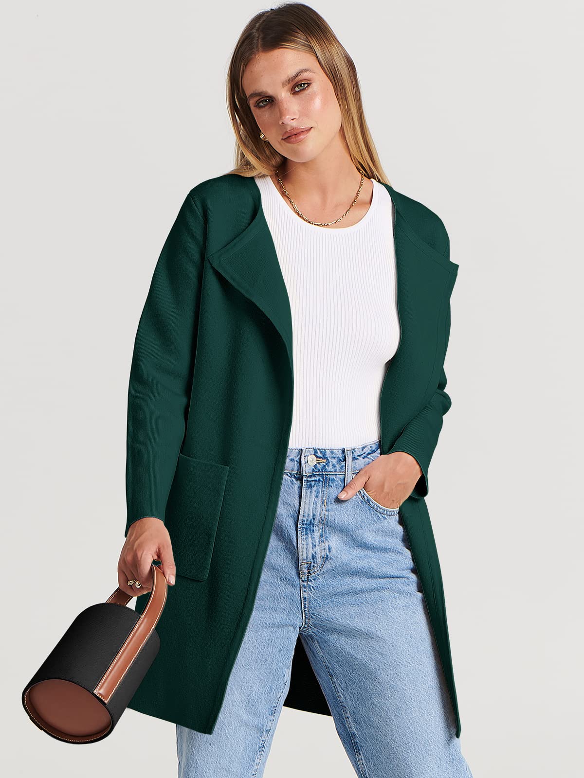 ANRABESS Women's Open Front Knit Lightweight Cardigan Casual Long Coatigan Sweater Lady Jacket Coat 2025 Fall Outerwear Opal Green Large