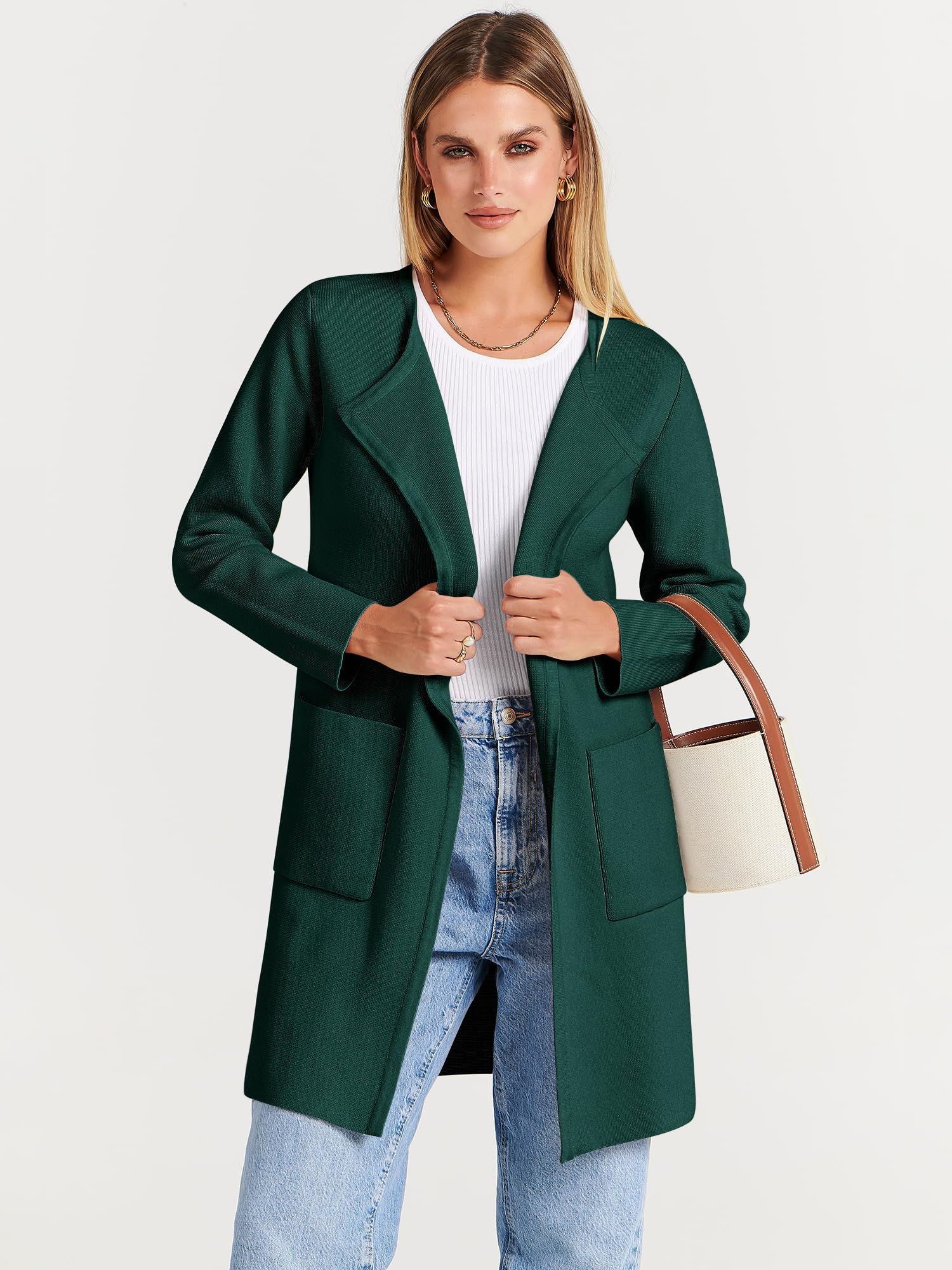 ANRABESS Women's Open Front Knit Lightweight Cardigan Casual Long Coatigan Sweater Lady Jacket Coat 2025 Fall Outerwear Opal Green Large