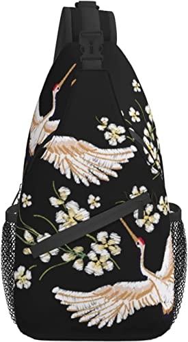 Retro Japanese Embroidery Crane Cherry Blossom Cross Chest Bag Diagonally Sling Backpack Crossbody Shoulder Bag Travel Hiking Daypacks for Men Women