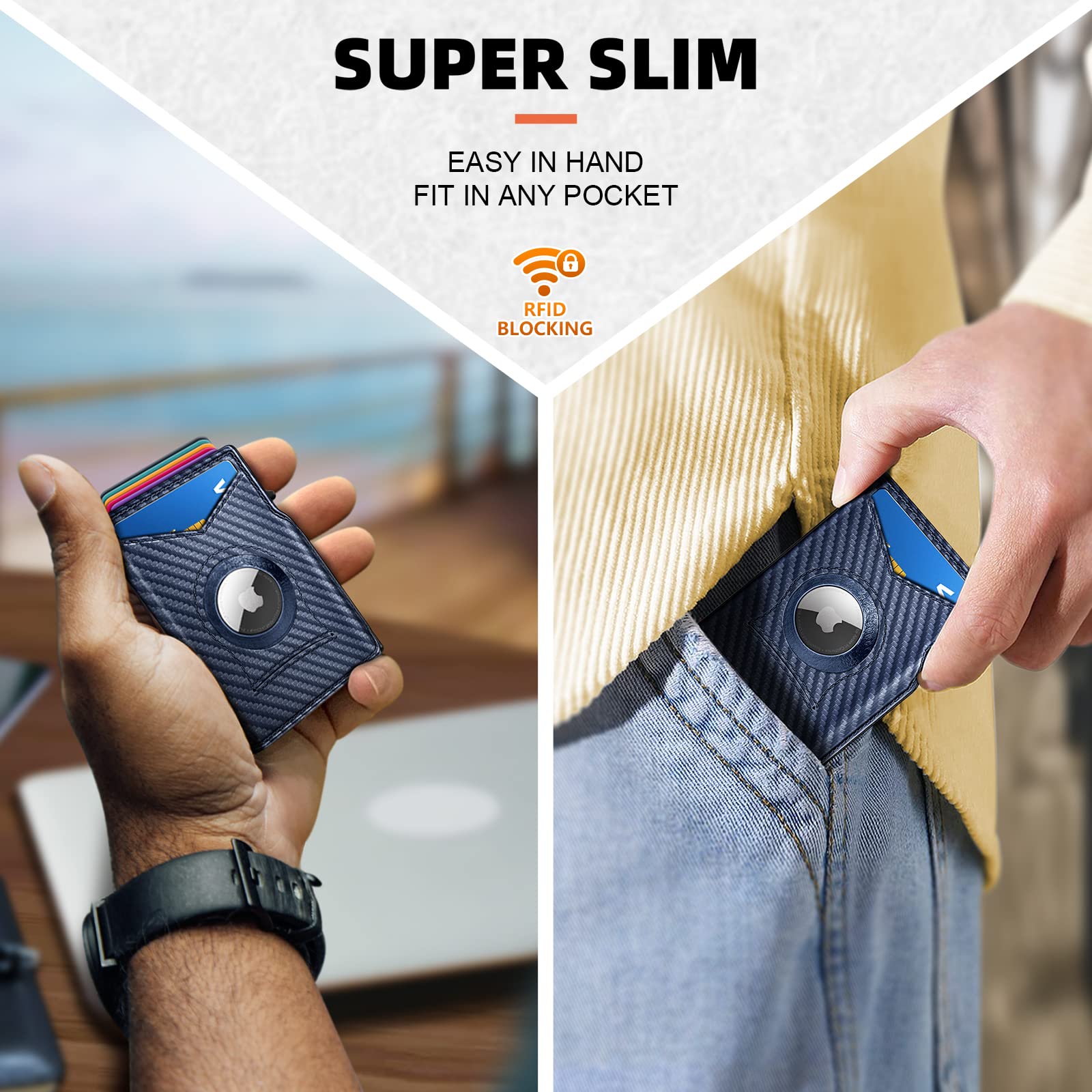 KEMISANT Airtag Wallet Men,Mens Slim Front Pocket Wallet Money Clip Standard or Apple Airtag Use 3.8"×2.8"×0.9"