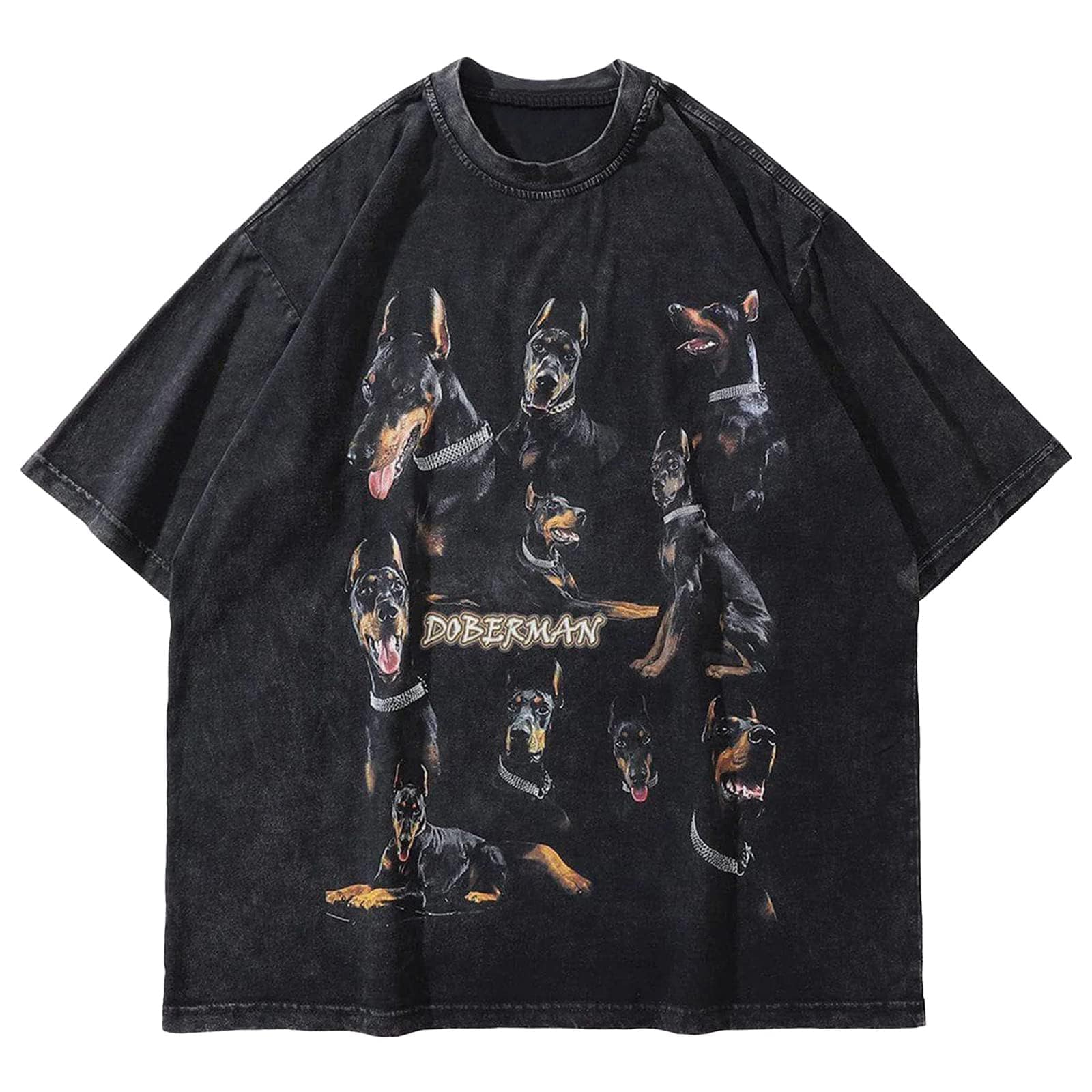 Aelfric Eden Graphic Tees Shirts Oversized Doberman T Shirt Doggy Washed Streetwear Unisex Crewneck Summer Tops Black XL