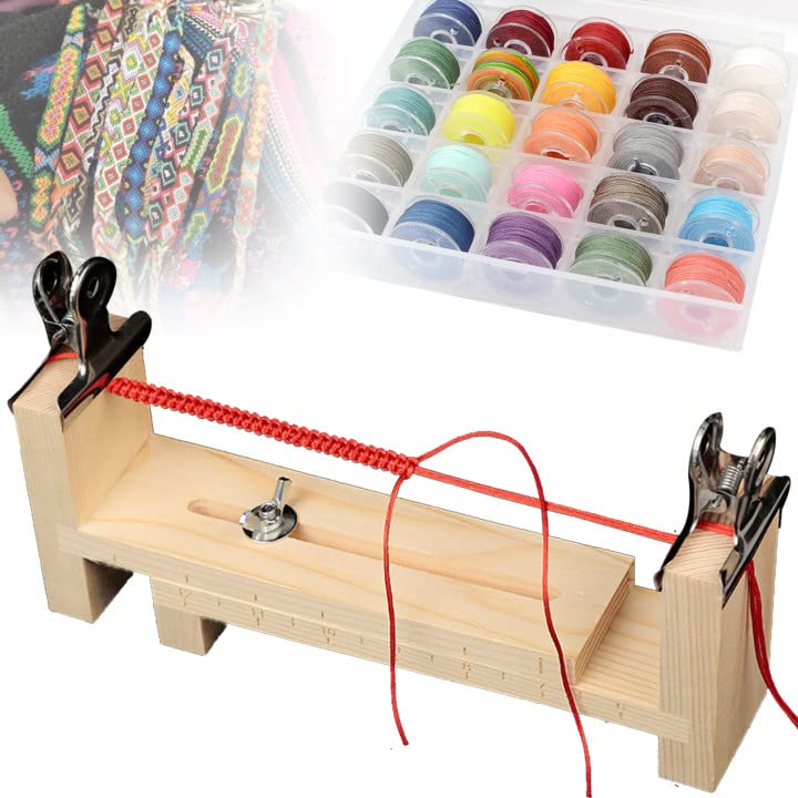KINTAN DIY Braided Rope Kit - Rope Weaver Tool Kit, Wooden Weaving Jig Bracelet Maker, Adjustable Wristband Rope Knot Weaver Braided Fixing Tools (with Braided Yarn)