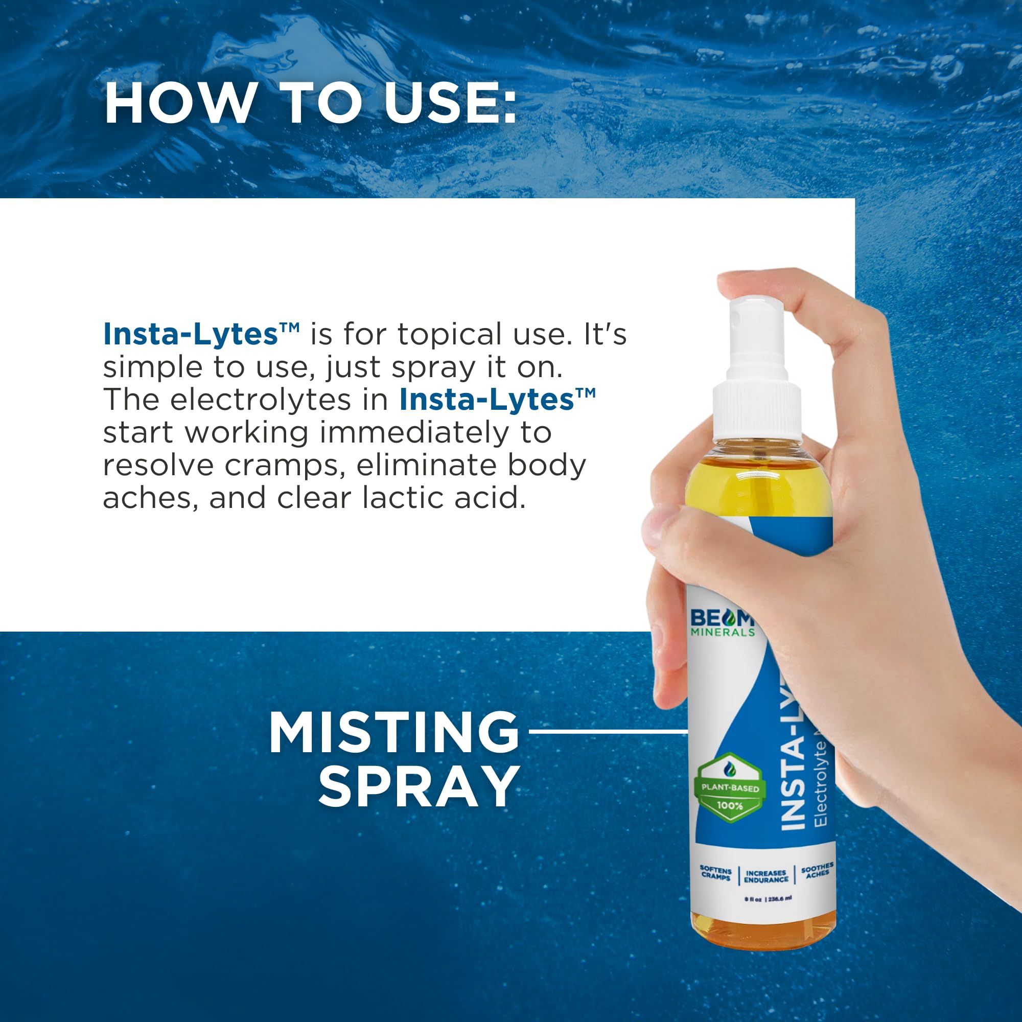 BEAM MINERALS Insta-Lytes Cramp-Relief Electrolyte Misting Spray | Natural Liquid Electrolytes | Micronutrients Supplement for Cramping, Muscle Aches, and Rash Relief