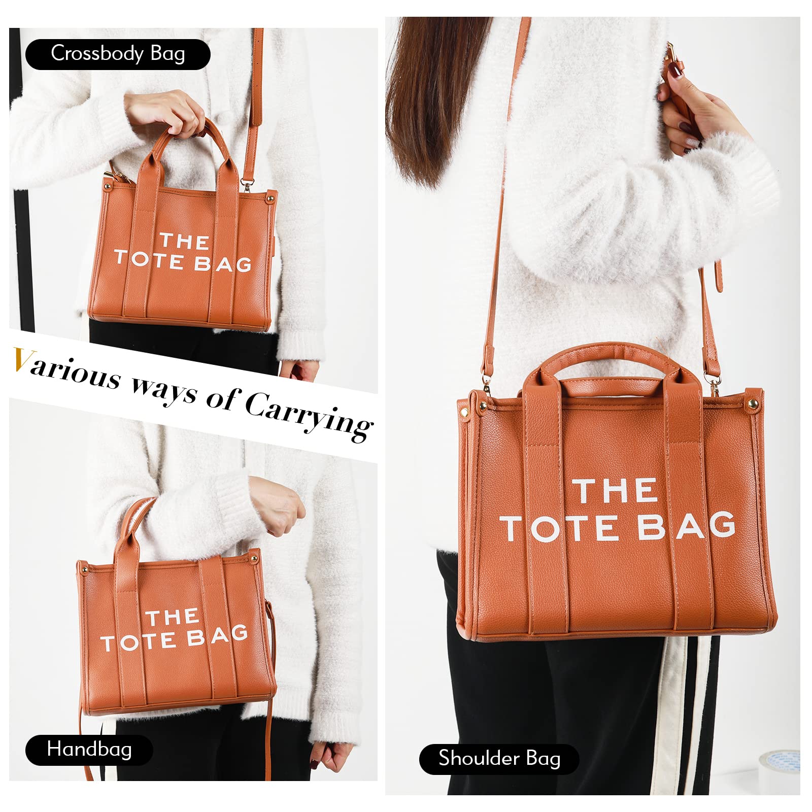 JQAliMOVV Tote Bag for Women, Trendy Leather Tote Bag Small Personalized Top Handle Crossbody Handbags for Work Travel (Brown)