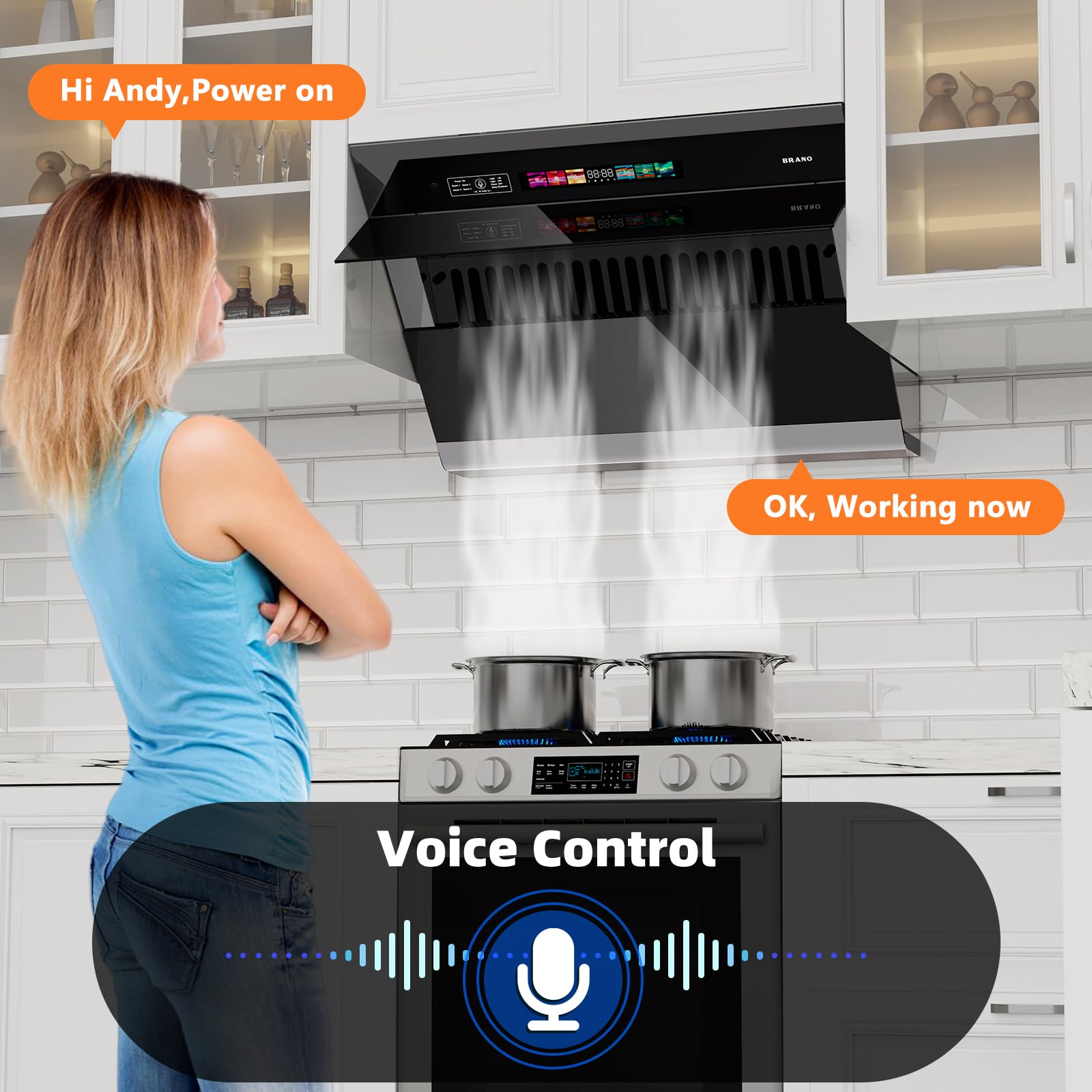 BRANO Range Hood 30 inch with 900CFM, Voice/Gesture Sensing/Touch Control Panel, Unique Side-Draft Design for Under Cabinet Modern Kitchen Hood, Ducted/Ductless Convertible