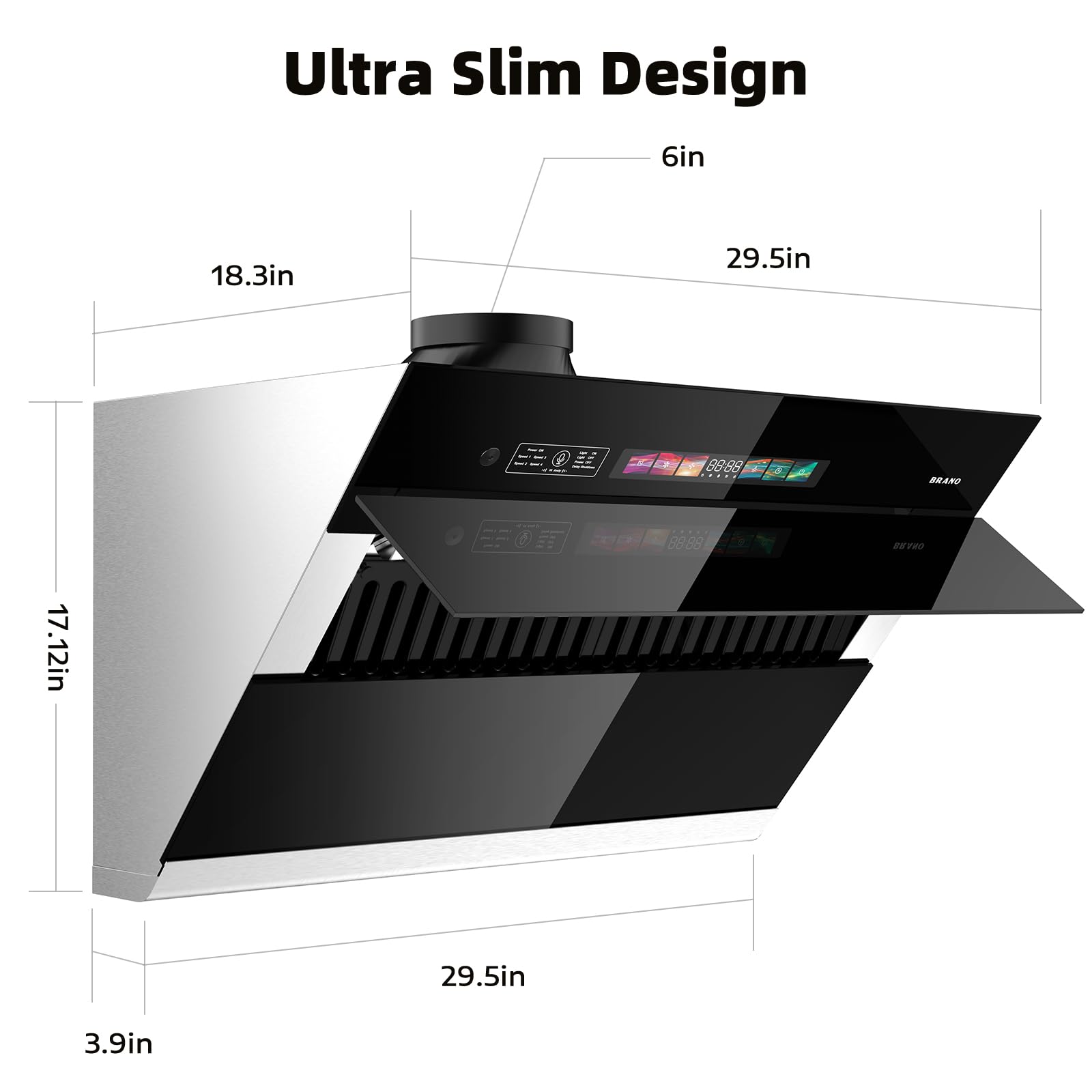 BRANO Range Hood 30 inch with 900CFM, Voice/Gesture Sensing/Touch Control Panel, Unique Side-Draft Design for Under Cabinet Modern Kitchen Hood, Ducted/Ductless Convertible
