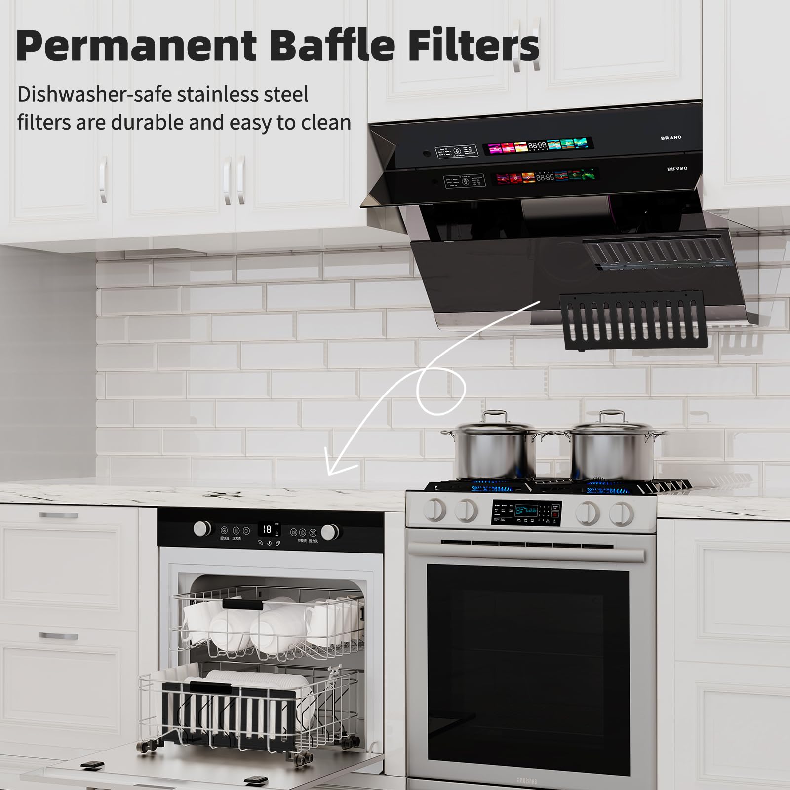 BRANO Range Hood 30 inch with 900CFM, Voice/Gesture Sensing/Touch Control Panel, Unique Side-Draft Design for Under Cabinet Modern Kitchen Hood, Ducted/Ductless Convertible