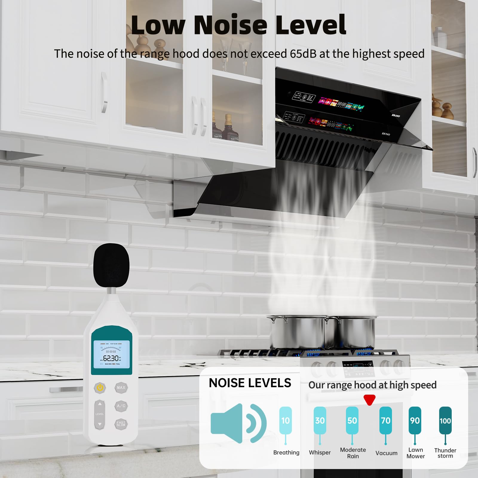 BRANO Range Hood 30 inch with 900CFM, Voice/Gesture Sensing/Touch Control Panel, Unique Side-Draft Design for Under Cabinet Modern Kitchen Hood, Ducted/Ductless Convertible