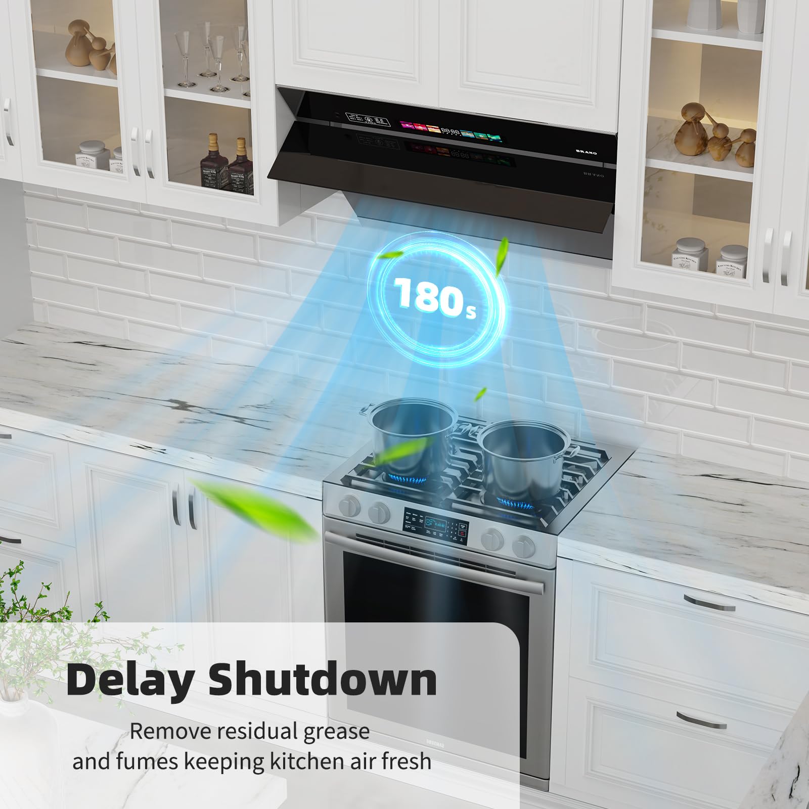 BRANO Range Hood 30 inch with 900CFM, Voice/Gesture Sensing/Touch Control Panel, Unique Side-Draft Design for Under Cabinet Modern Kitchen Hood, Ducted/Ductless Convertible