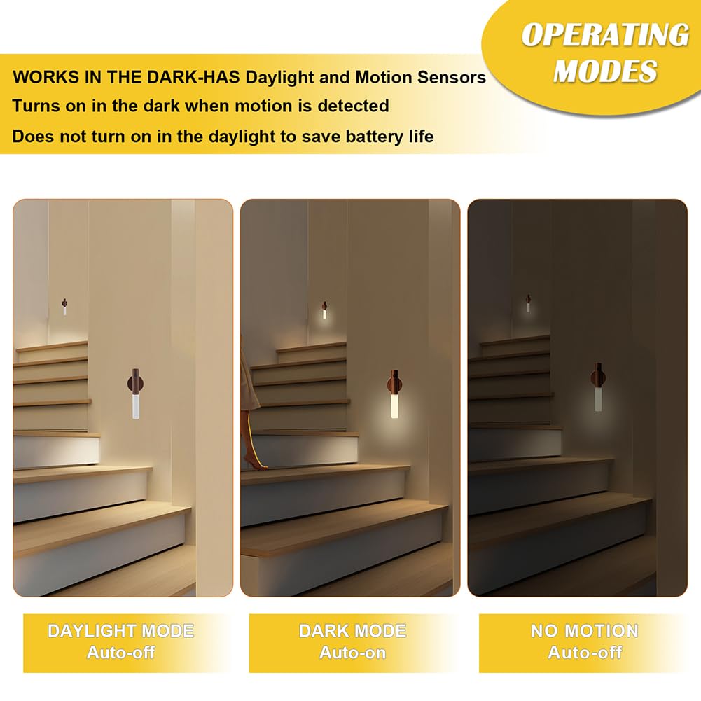LANDGOO Wooden Motion Sensor Night Lights, Magnet Body Hallway Rechargeable LED Wireless Wall Sconces, Portable Decor Battery Powered Indoor Torch Lighting for Bedroom (Walnut Wood 2PCS)