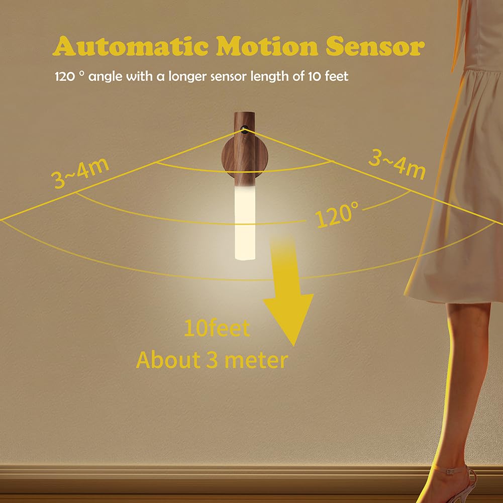 LANDGOO Wooden Motion Sensor Night Lights, Magnet Body Hallway Rechargeable LED Wireless Wall Sconces, Portable Decor Battery Powered Indoor Torch Lighting for Bedroom (Walnut Wood 2PCS)