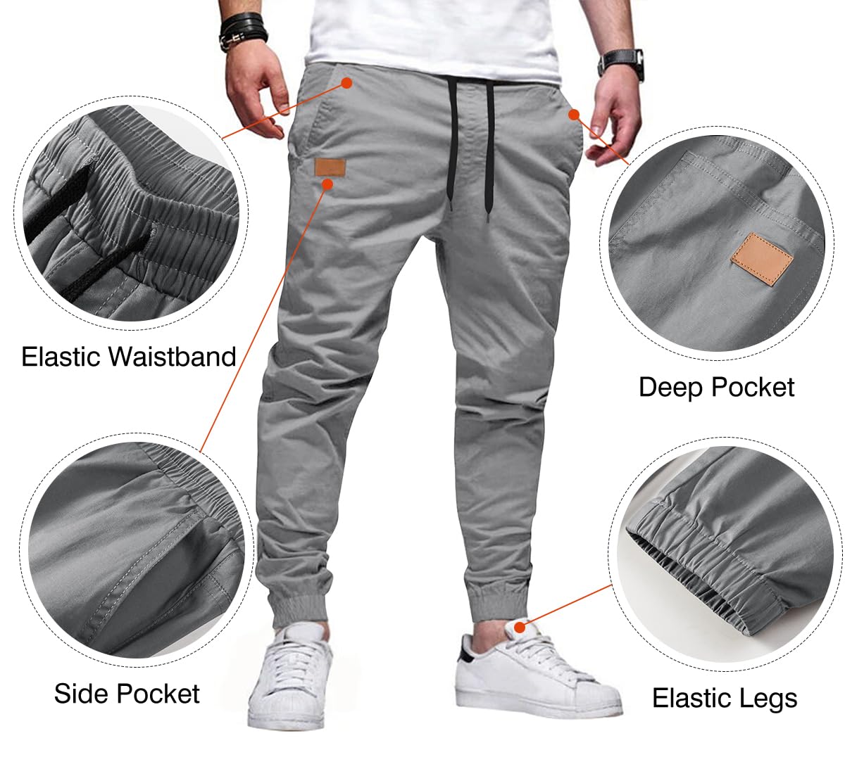 JMIERR Mens Casual Joggers Pants - Cotton Drawstring Chino Cargo Pants Hiking Outdoor Twill Track Jogging Sweatpants Pants with Pockets for Men, US 40(2XL), C Light Grey