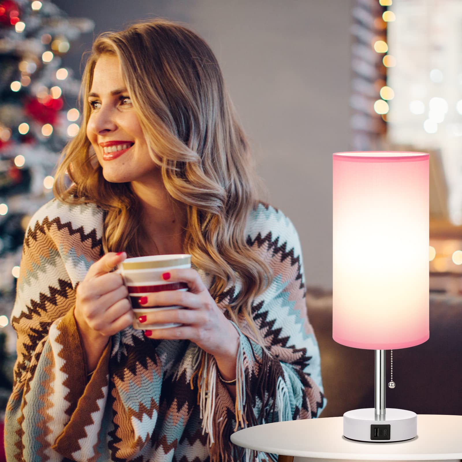 Hong-in Pink Bedside Lamp - 3 Color Modes, Small Lamp with USB-C and USB-A Charging Ports, Pull Chain, Nightstand Light for Bedroom, Office, Kids Room (Bulb Included)