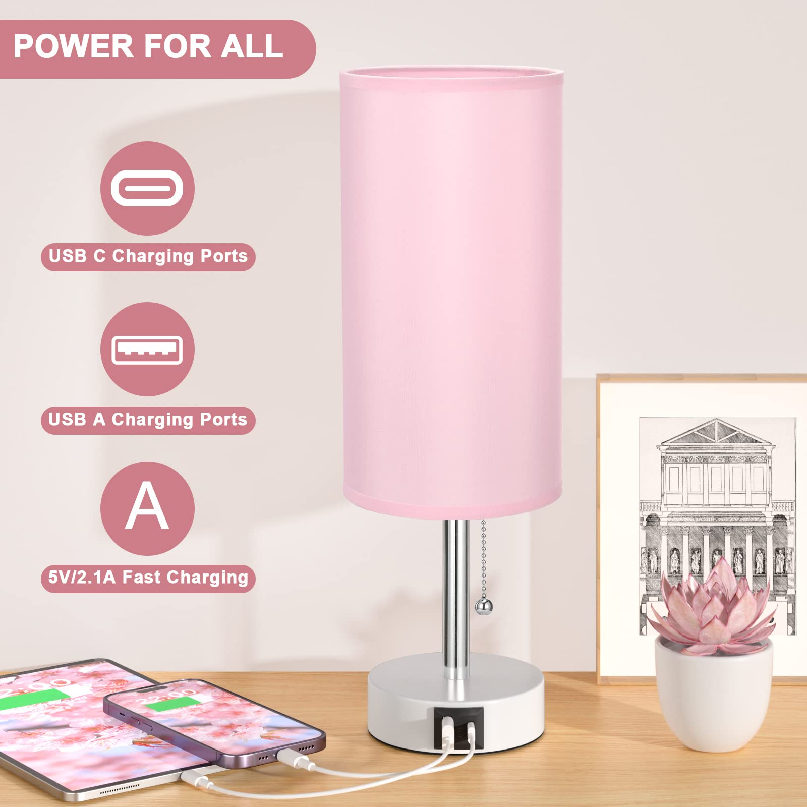 Hong-in Pink Bedside Lamp - 3 Color Modes, Small Lamp with USB-C and USB-A Charging Ports, Pull Chain, Nightstand Light for Bedroom, Office, Kids Room (Bulb Included)