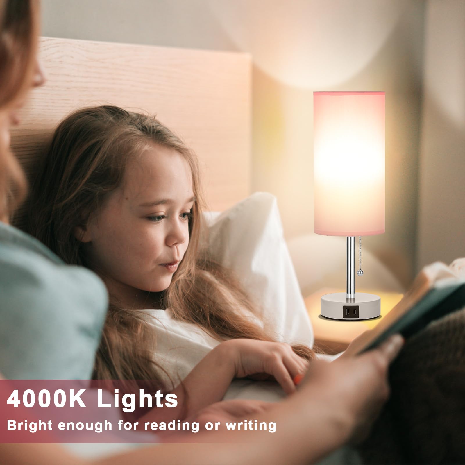 Hong-in Pink Bedside Lamp - 3 Color Modes, Small Lamp with USB-C and USB-A Charging Ports, Pull Chain, Nightstand Light for Bedroom, Office, Kids Room (Bulb Included)