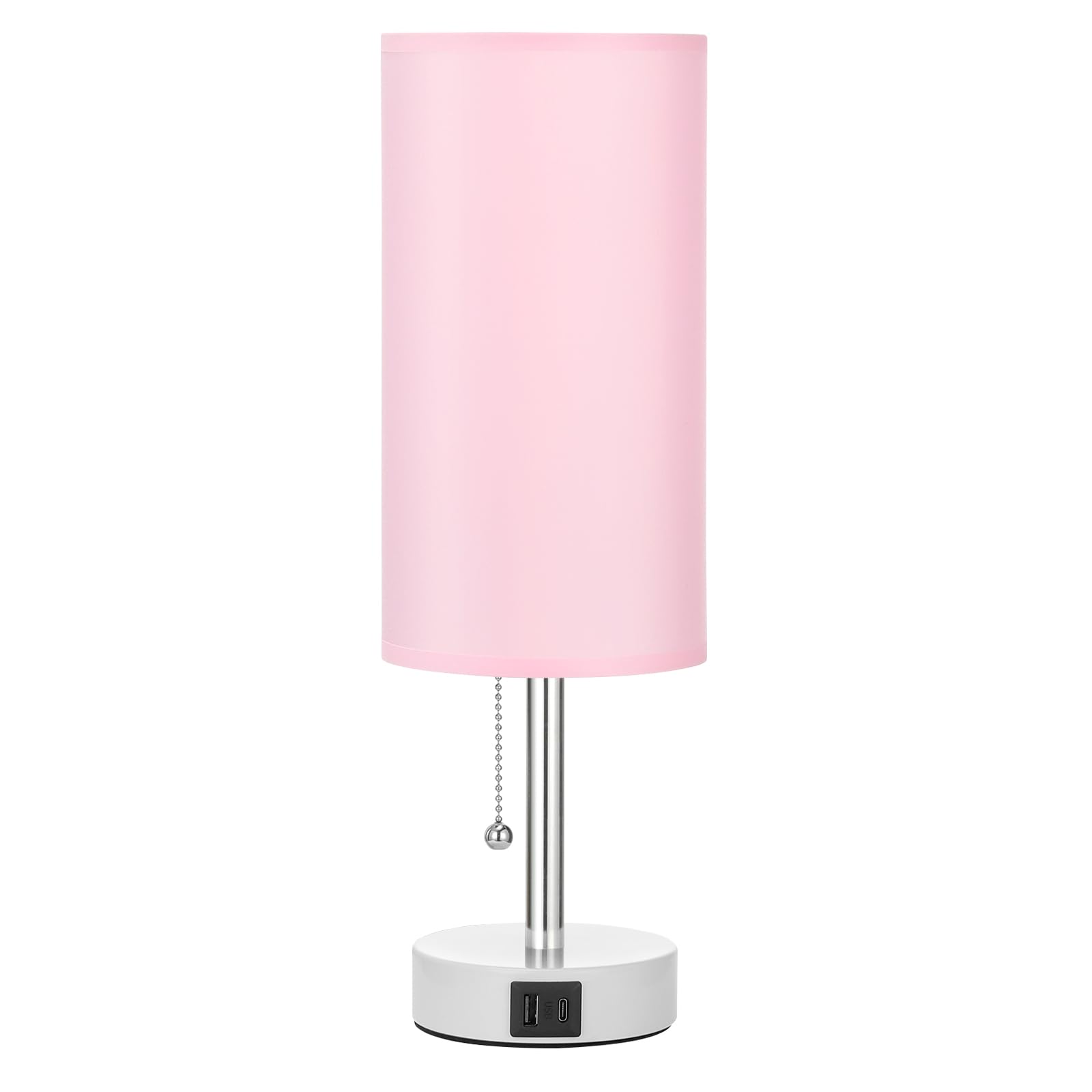 Hong-in Pink Bedside Lamp - 3 Color Modes, Small Lamp with USB-C and USB-A Charging Ports, Pull Chain, Nightstand Light for Bedroom, Office, Kids Room (Bulb Included)