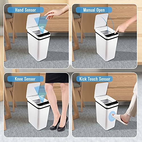 BIGEBAN Touchless Bathroom Trash Can with Lid, 2.5 Gallon Slim Smart Garbage Can, Automatic Motion Sensor Trash Can for Bathroom, Kitchen, Office, Bedroom, Living Room, Toilet (White)