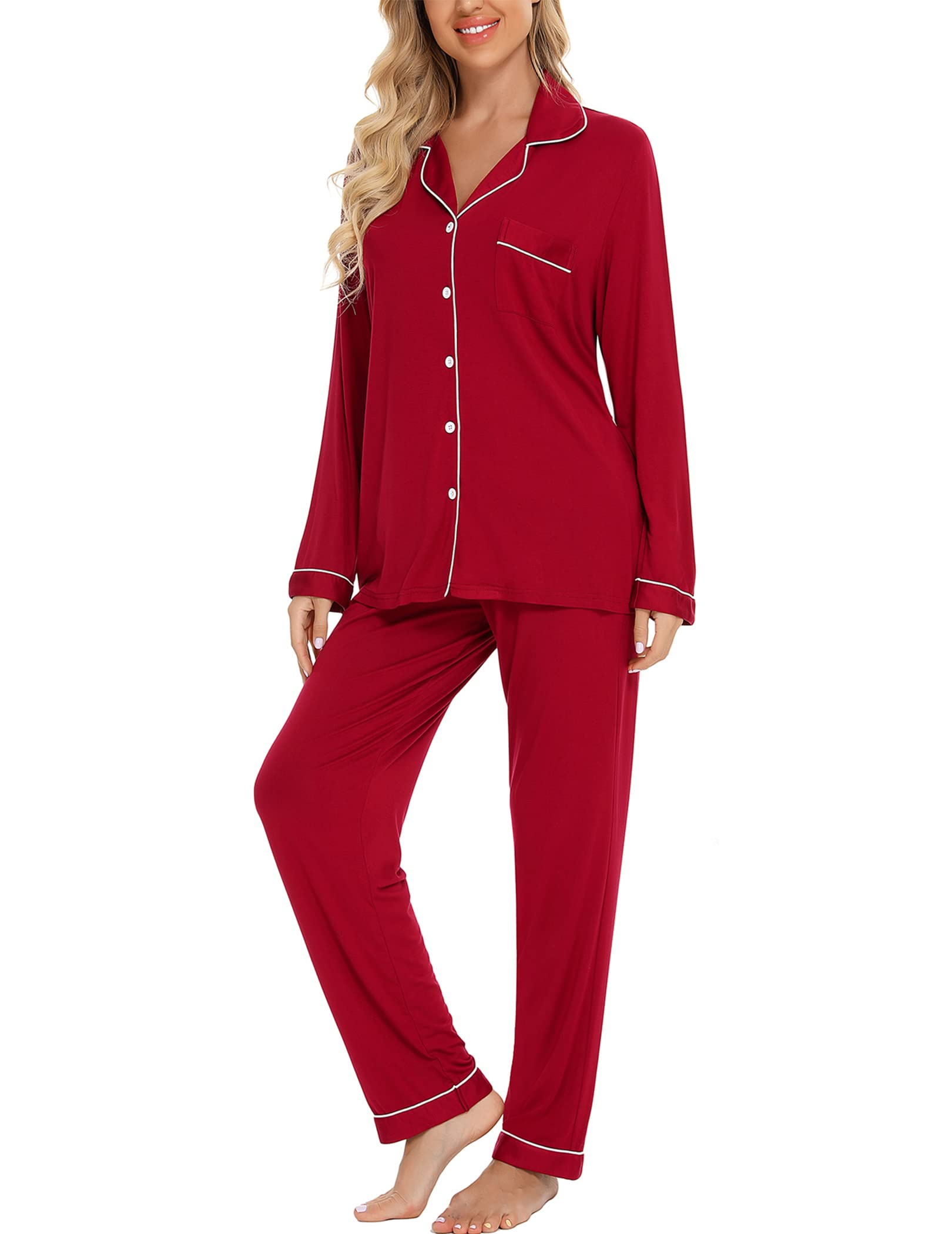 Pjmlifecoco Pj Sets for Woman Long Sleeve Button Down Sleepwear Two Piece Shirt and Pajama Pants Soft Pajamas Nightwear Lounge Set Red
