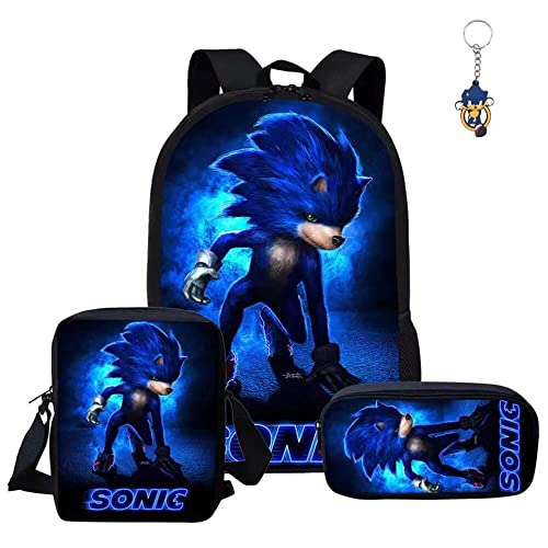 GDFENDU 3 Pcs Anime Hedgehog Backpack with Keychain,16in Teens Travel Laptop Backpack Boy Girl School Bookbag. (C)