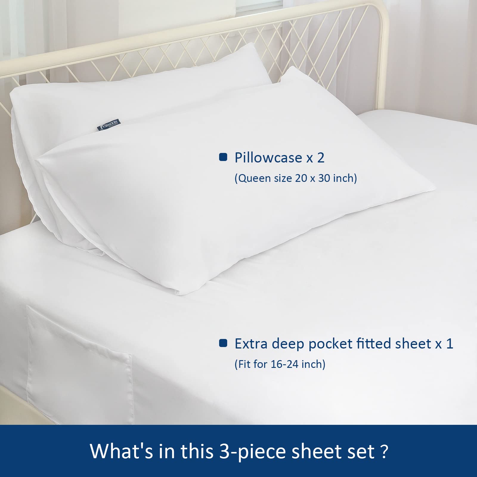 Extra Deep Pocket Air Mattress White Sheets Twin Size - 3Pcs Side Storage Pocket Fitted Sheet & Pillowcase Twin Deep Pocket Sheet Sets Easily Fits for Kids 16in to 24in Pillow Top Air Bed