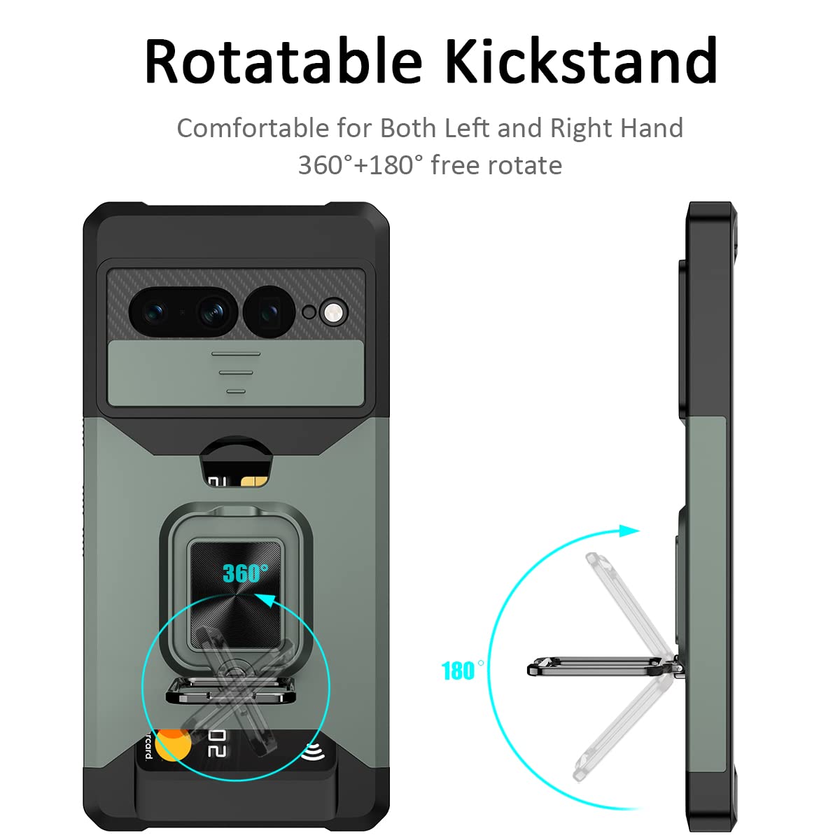 Nvollnoe Google Pixel 7 Pro Case with Sliding Camera Cover, Magnetic Kickstand, Heavy Duty Protective Case, Card Holder, Textured Finish, Green