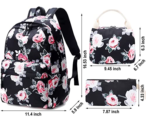 Createy School Backpack for Teen Girls Kids Bookbags Water Resistant Floral Backpack with Lunch Box Pencil Case
