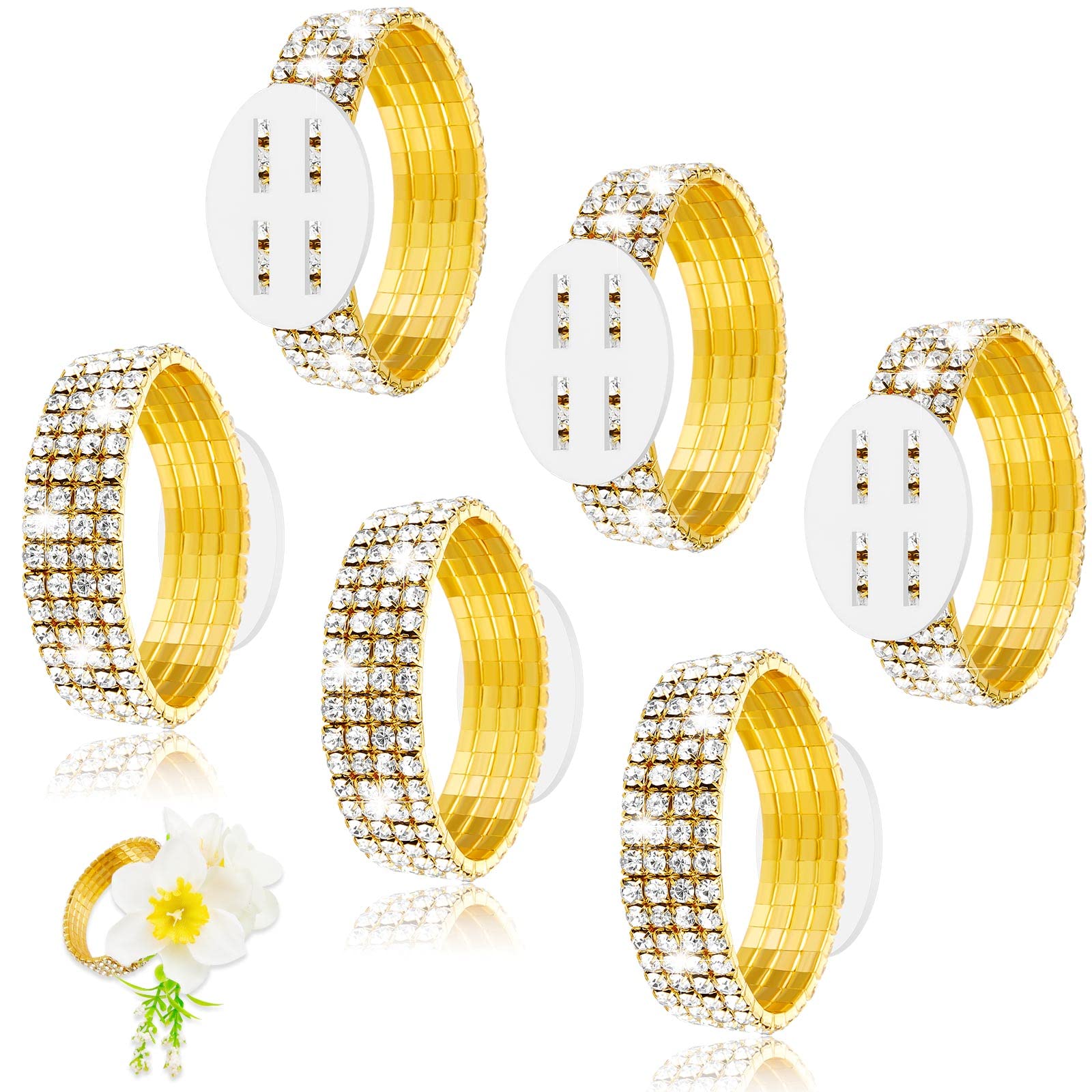 Junkin 6 Packs Corsage Bracelet Wrist Corsage Rhinestone Elastic DIY Wrist Rhinestone Bracelet Accessories for Wedding Decor Prom Ceremony Anniversary Bridal Shower Party(Gold)