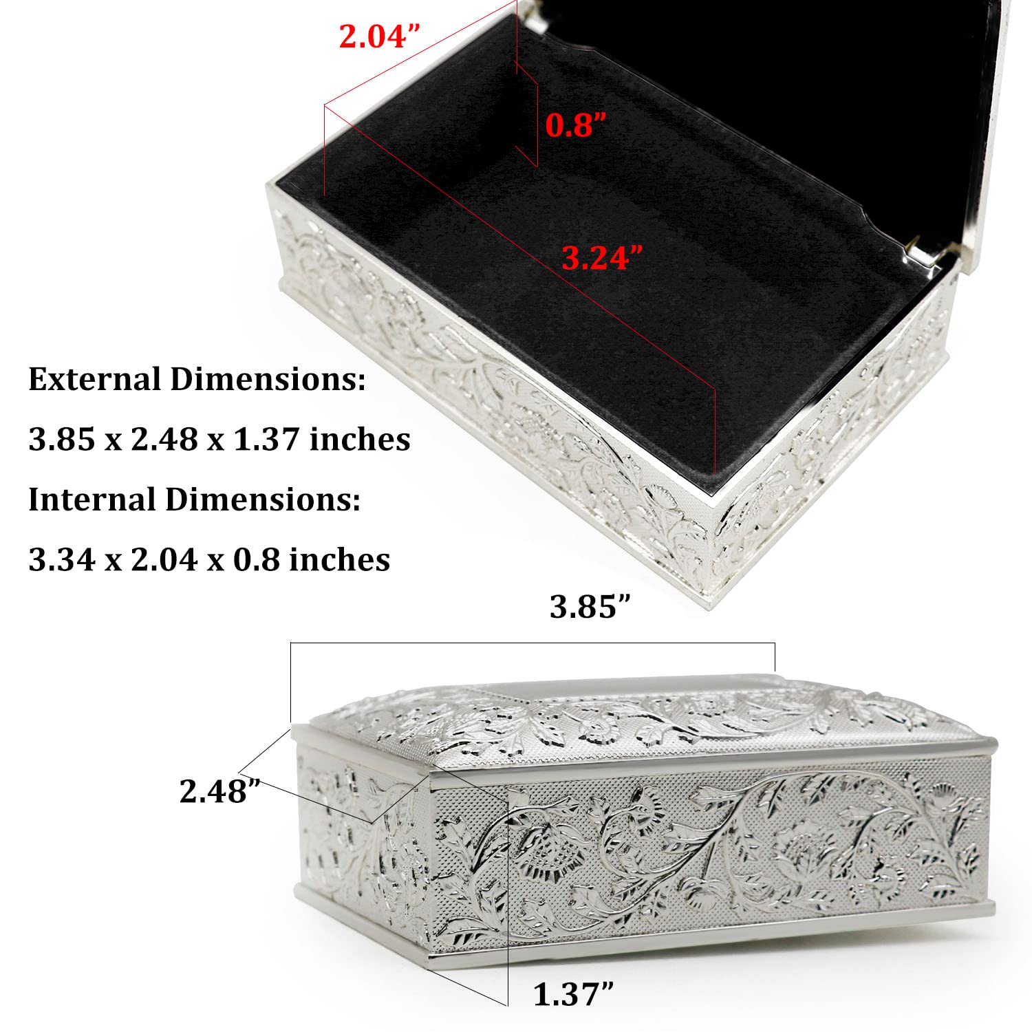 Hsiwto Small Rectangle Vintage Metal Jewelry Box Trinket Gift Chest Ring Case for Girls Ladies Women, Silver