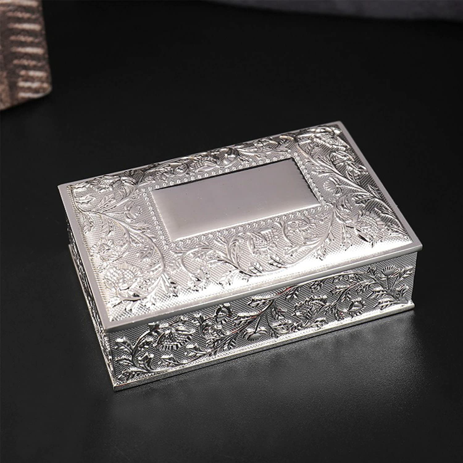Hsiwto Small Rectangle Vintage Metal Jewelry Box Trinket Gift Chest Ring Case for Girls Ladies Women, Silver