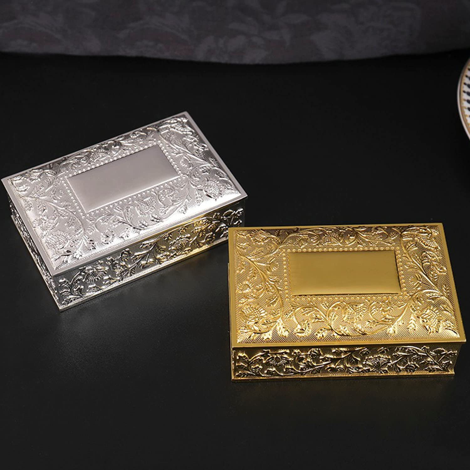 Hsiwto Small Rectangle Vintage Metal Jewelry Box Trinket Gift Chest Ring Case for Girls Ladies Women, Silver