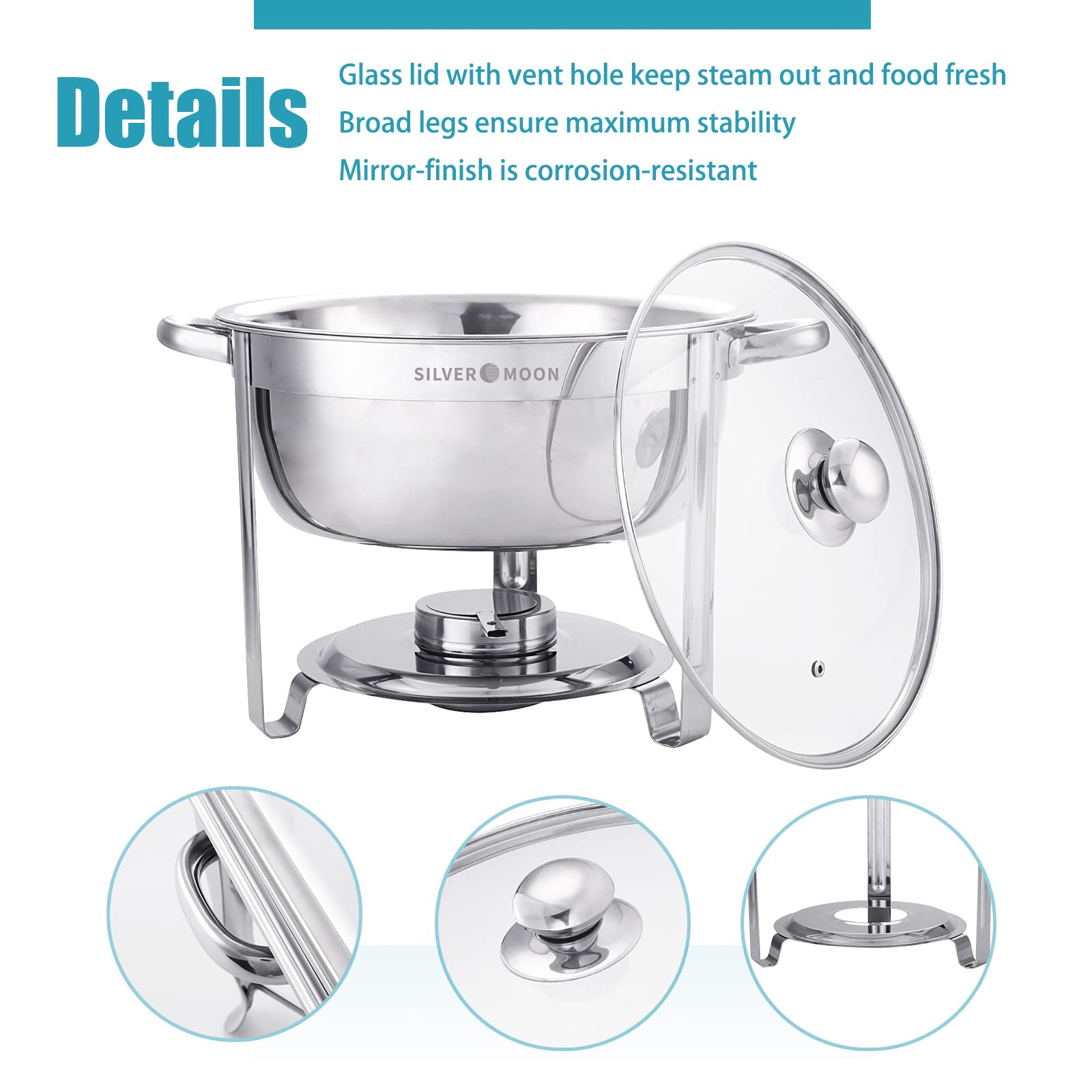 SILVER MOON 4.5 QT Round Chafing Dish, chaffing server set buffet, Stainless Steel Buffet Chafer with Glass Lid, Chafers and Buffet Warmers Set for Catering, Buffet Food Warmer for Parties