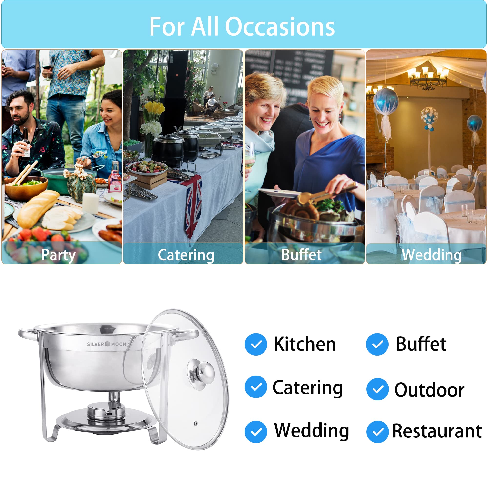 SILVER MOON 4.5 QT Round Chafing Dish, chaffing server set buffet, Stainless Steel Buffet Chafer with Glass Lid, Chafers and Buffet Warmers Set for Catering, Buffet Food Warmer for Parties