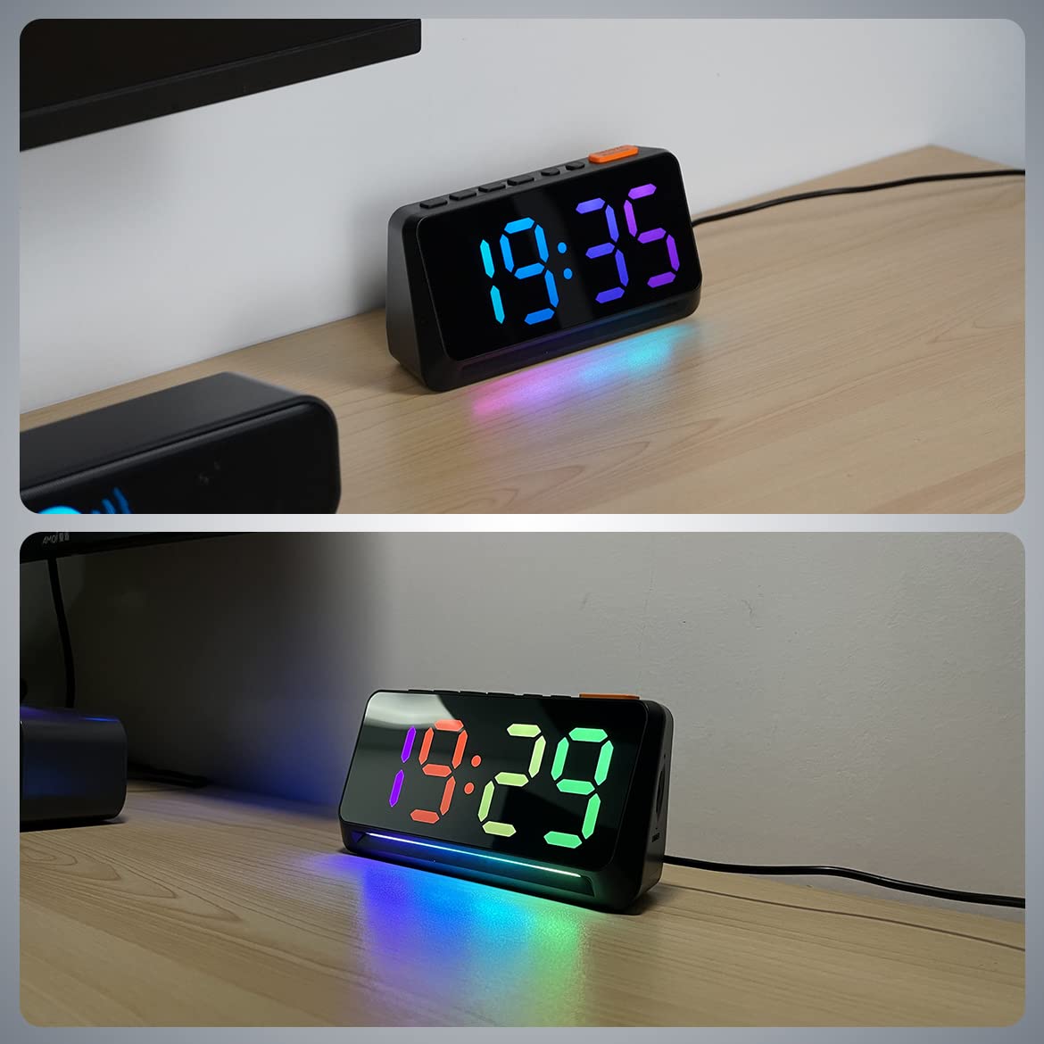 XKX Dynamic RGB Clock - Extra Loud Digital Alarm Clock for Bedroom, Heavy Sleepers, Adults, Kids, Small Bedside Desk Clock with RGB Night Light, LED Display, USB Charger - Cool Black
