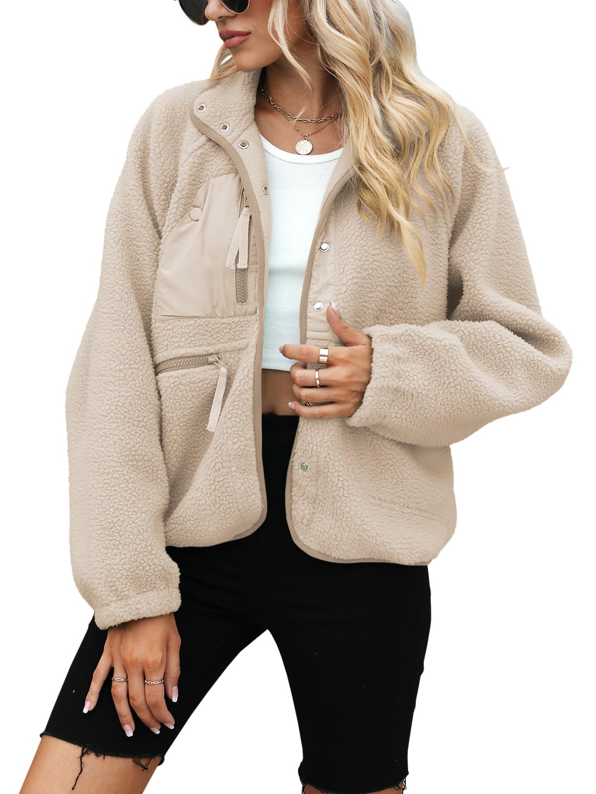 Yanekop Womens Fleece Jacket Fuzzy Long Sleeve Short Coats Button Down Sherpa Outerwear with Pockets(A Apricot,S)
