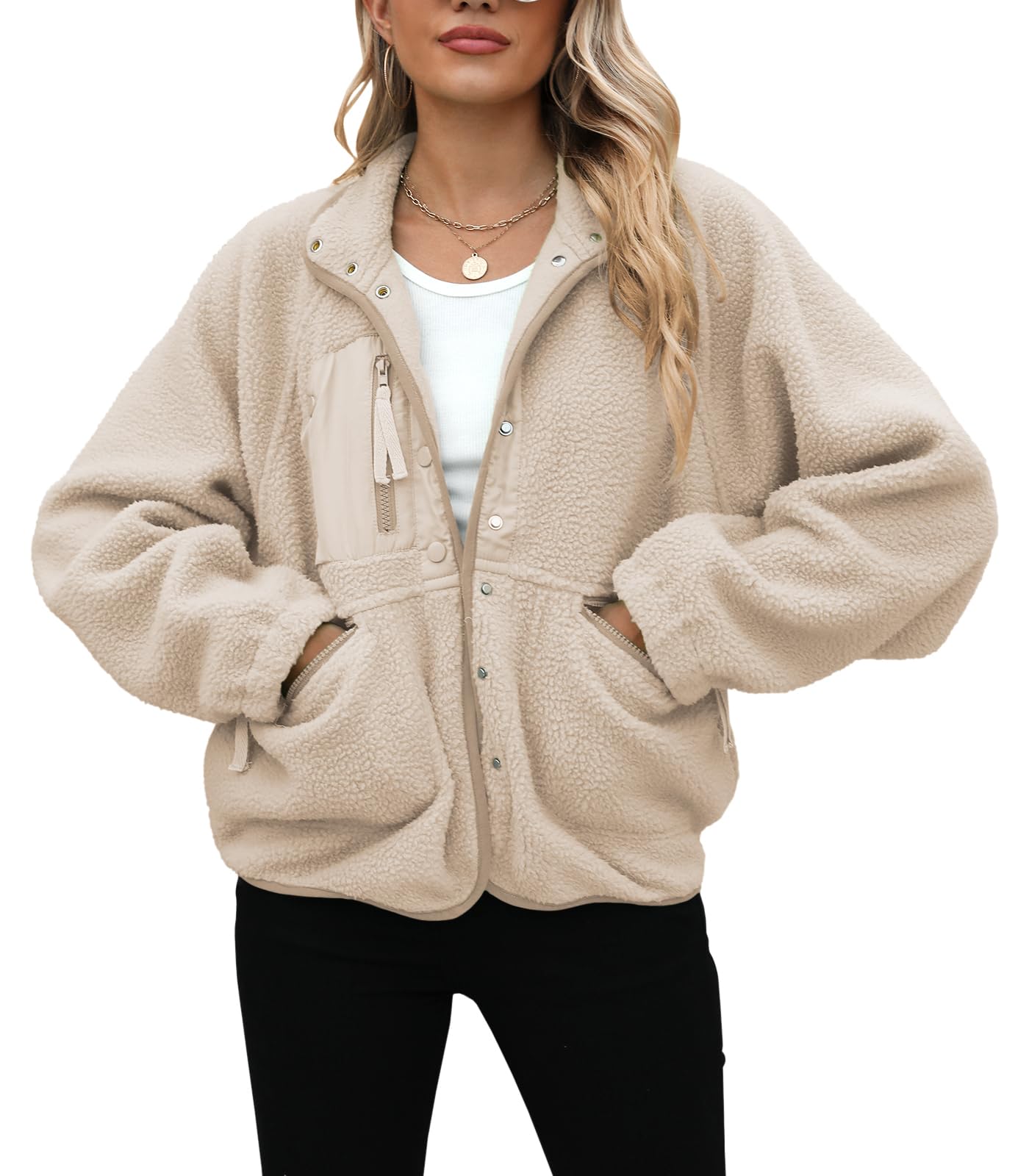 Yanekop Womens Fleece Jacket Fuzzy Long Sleeve Short Coats Button Down Sherpa Outerwear with Pockets(A Apricot,S)