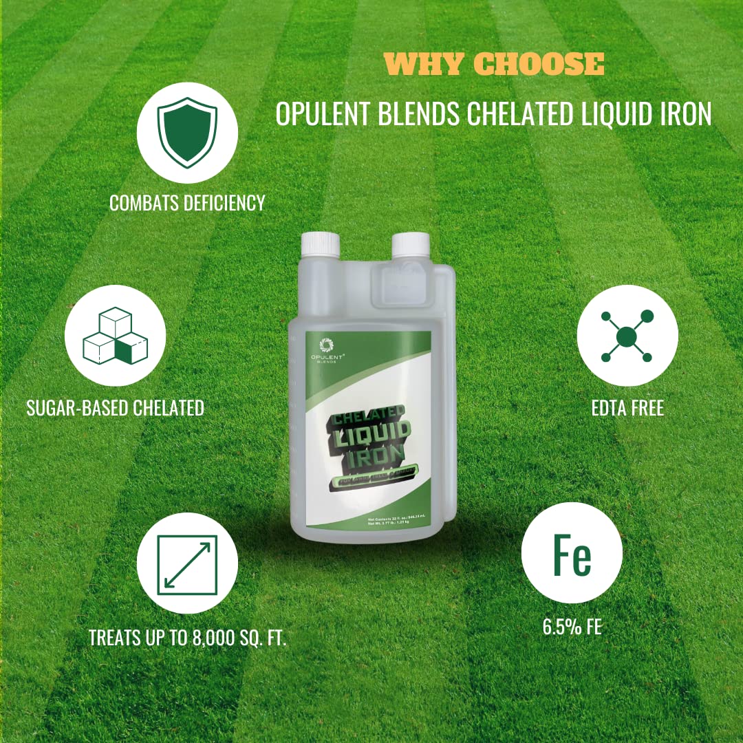 Opulent Blends Chelated Liquid Iron (32 fl. oz.) - Liquid Chelated Iron for Lawns, Trees, and Shrubs - 6.5% Iron - EDTA Free - Made in The U.S.A.
