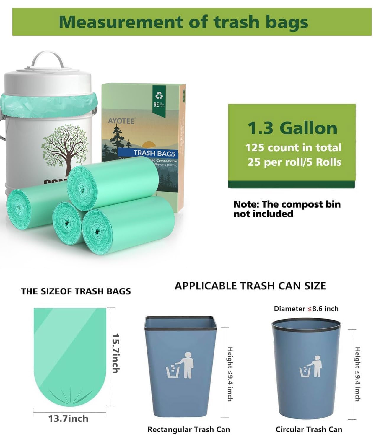 AYOTEE 100% Compostable Trash Bags, Small Compost Bags 1.3 Gallon, Small Trash Bags Compostable Bags for Kitchen Compost Bin 4.5-5 Liter, Meeting ASTM Standards Certified 125 Count